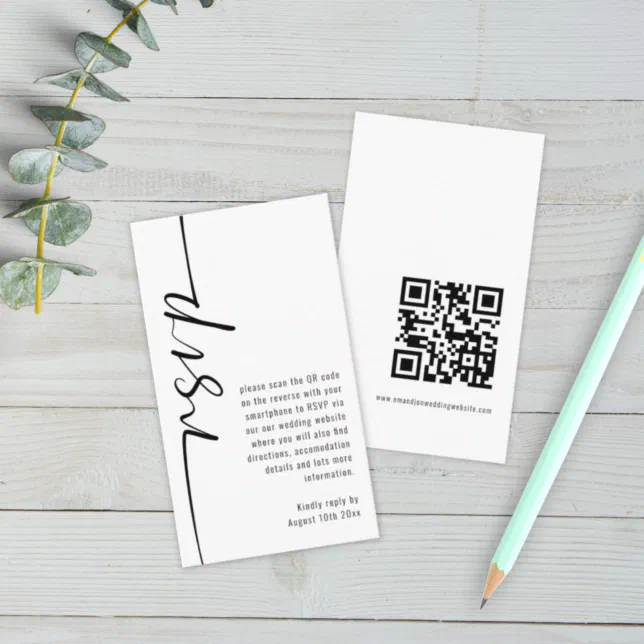 Mini Modern Calligraphy QR Code Wedding RSVP Enclosure Card | Zazzle