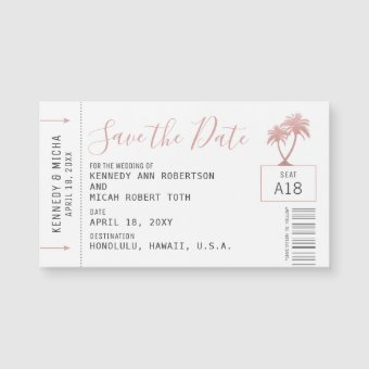 Mini Pink Plane Ticket Beach Wedding Date Magnet | Zazzle