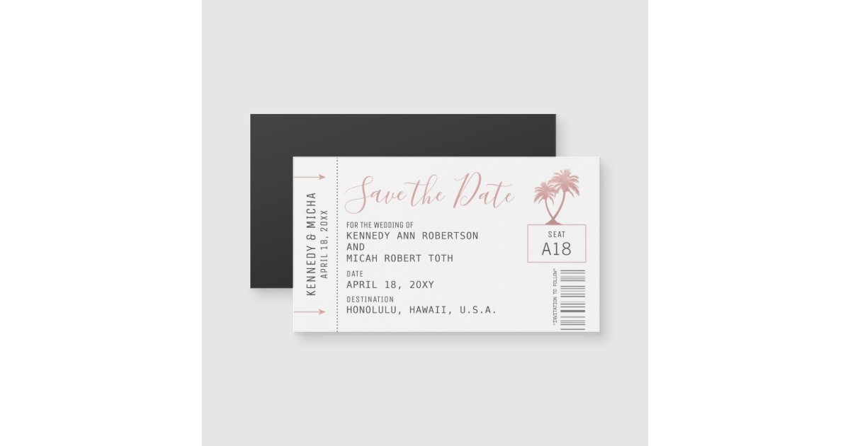 Mini Pink Plane Ticket Beach Wedding Date Magnet | Zazzle