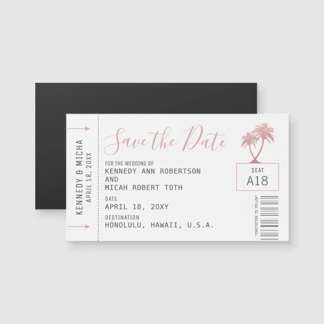 Mini Pink Plane Ticket Beach Wedding Date Magnet | Zazzle