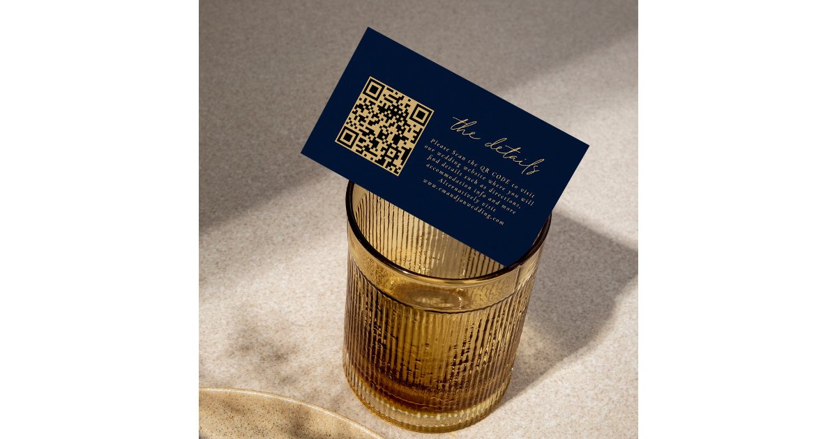 Mini QR Code Gold Script Navy Blue Wedding Details Enclosure Card | Zazzle