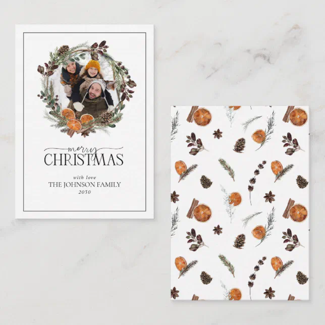 Mini Rustic Orange Photo Wreath Merry Christmas Note Card | Zazzle