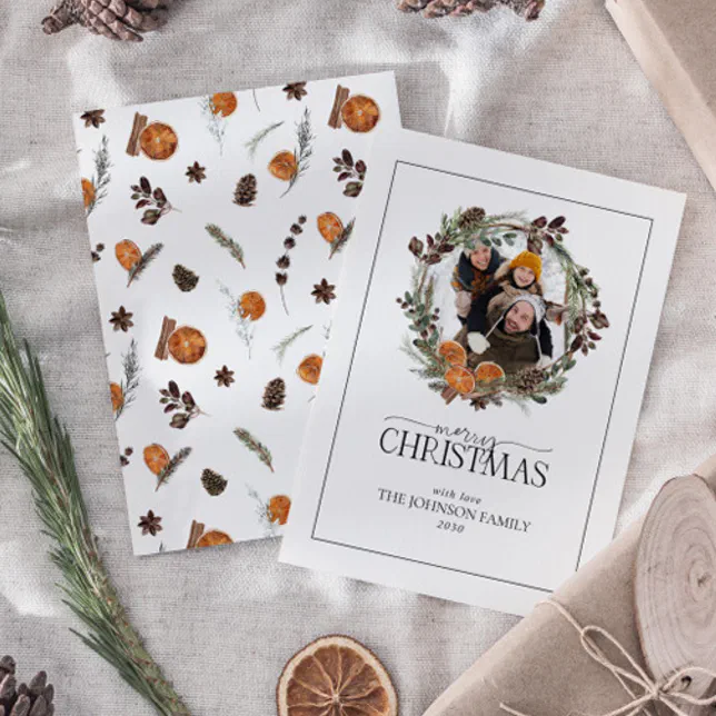 Mini Rustic Orange Photo Wreath Merry Christmas Note Card | Zazzle