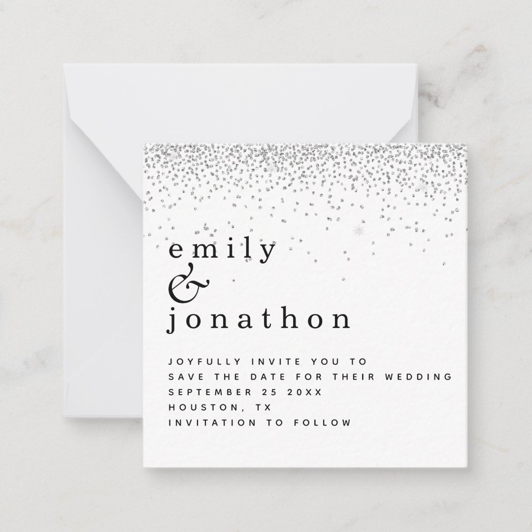 MINI Silver Glitter Minimal Wedding Save the Date Note Card | Zazzle