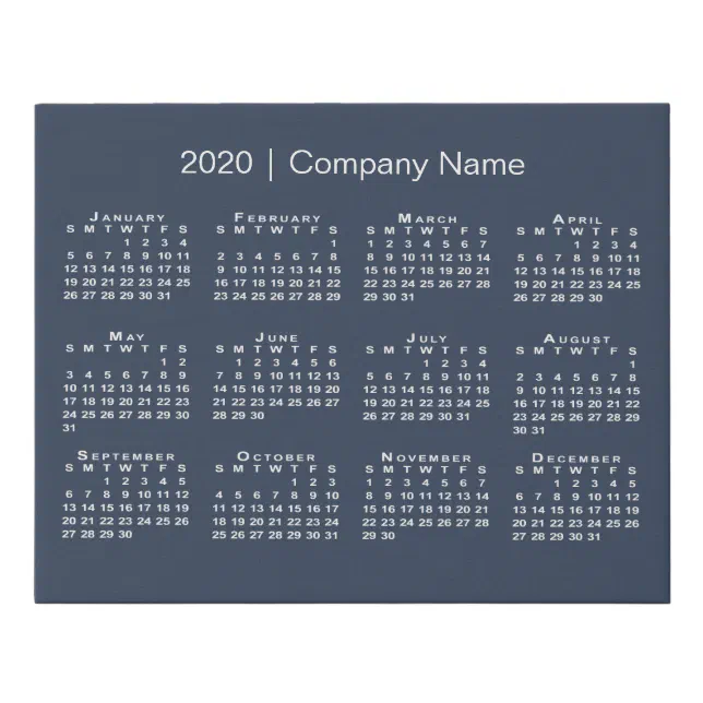 Minimal 2020 Calendar with Company Name on Navy Faux Canvas Print | Zazzle