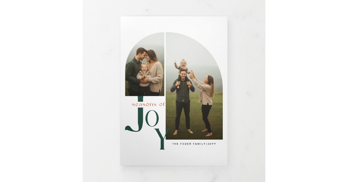 Minimal 2 Photo Green Family Christmas Tri-Fold Holiday Card | Zazzle