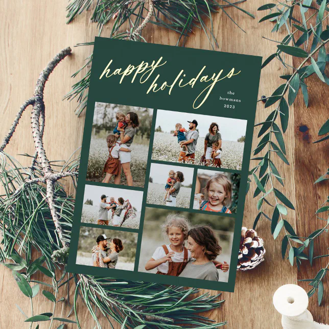 Minimal 7 Photo Collage Script Happy Holidays Foil Holiday Card | Zazzle