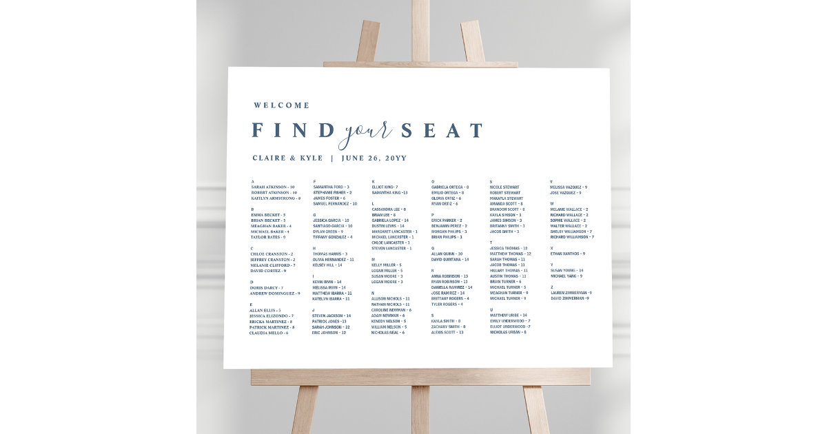 Minimal Alphabetical Blue Wedding Seating Chart | Zazzle