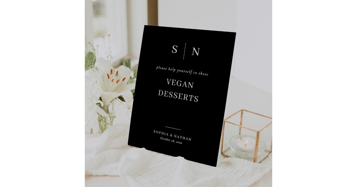 Minimal and Chic Black | Vegan Desserts Wedding Pedestal Sign | Zazzle