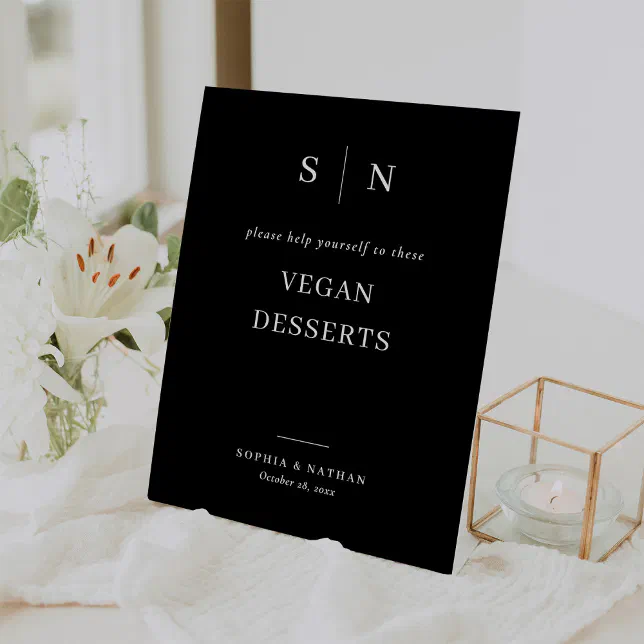 Minimal and Chic Black | Vegan Desserts Wedding Pedestal Sign | Zazzle