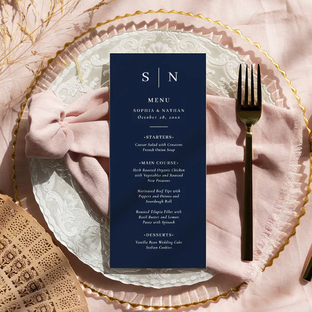 Minimal and Chic | Dark Navy Blue Wedding Menu | Zazzle