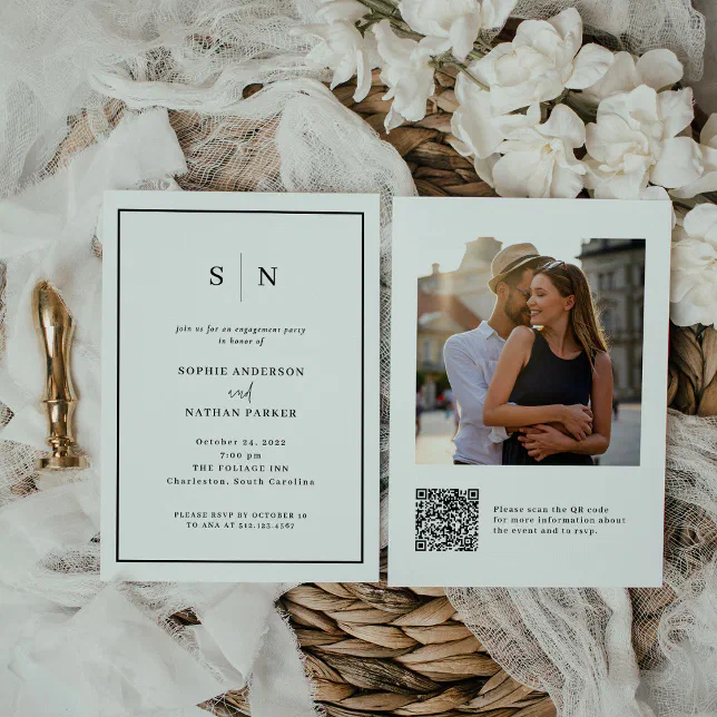 Minimal and Chic | Engagement Party QR Code Photo Invitation | Zazzle