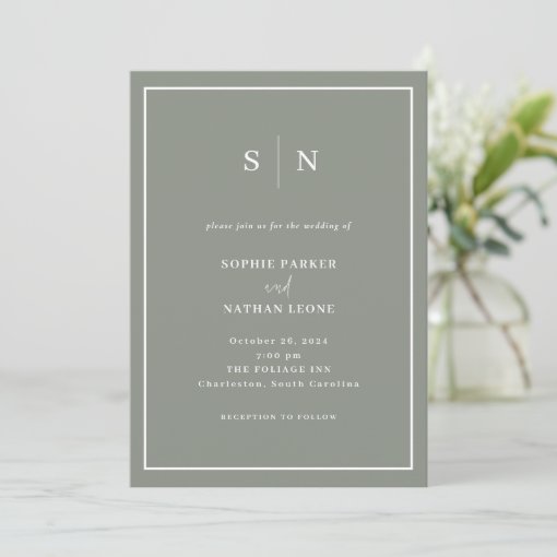 Minimal and Chic | Sage Green with Border Wedding Invitation | Zazzle