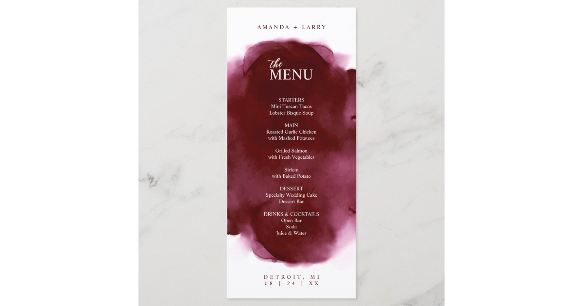 Minimal and Elegant Maroon Watercolor Menu Card | Zazzle