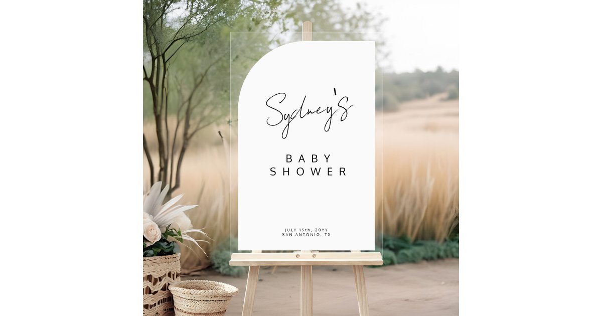 Minimal Arch Shape Brush Script Baby Shower Acrylic Sign | Zazzle