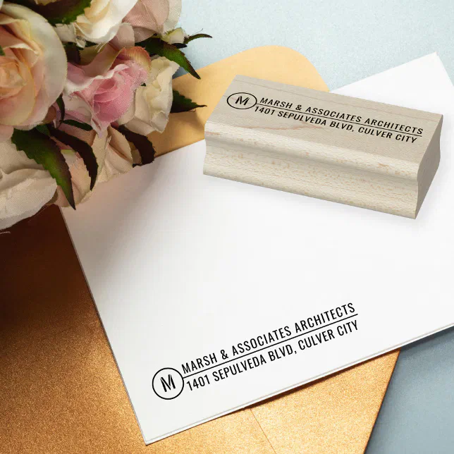 Minimal Architectural Title Line Monogram Address Rubber Stamp | Zazzle