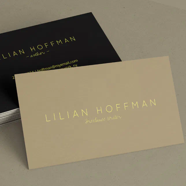 Minimal beige black gold script freelance writer business card | Zazzle