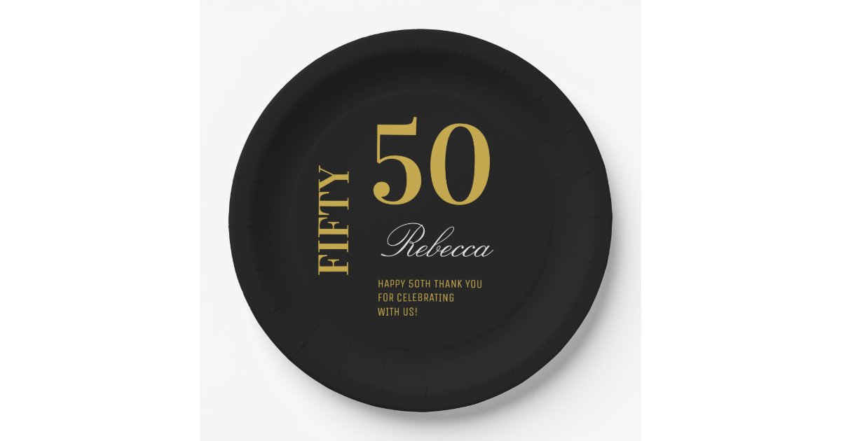 Minimal Black & Gold 50th Birthday Party Cocktail Paper Plates | Zazzle