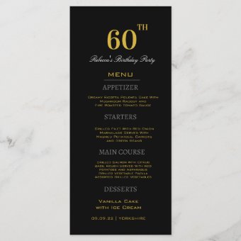 Minimal Black & Gold 60th Birthday Party Custom Menu | Zazzle