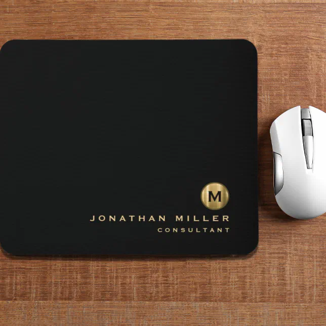Minimal Black Gold Brushed Metal Monogram Mouse Pad | Zazzle