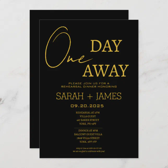 Minimal Black Gold One Day Away Rehearsal Dinner Invitation | Zazzle
