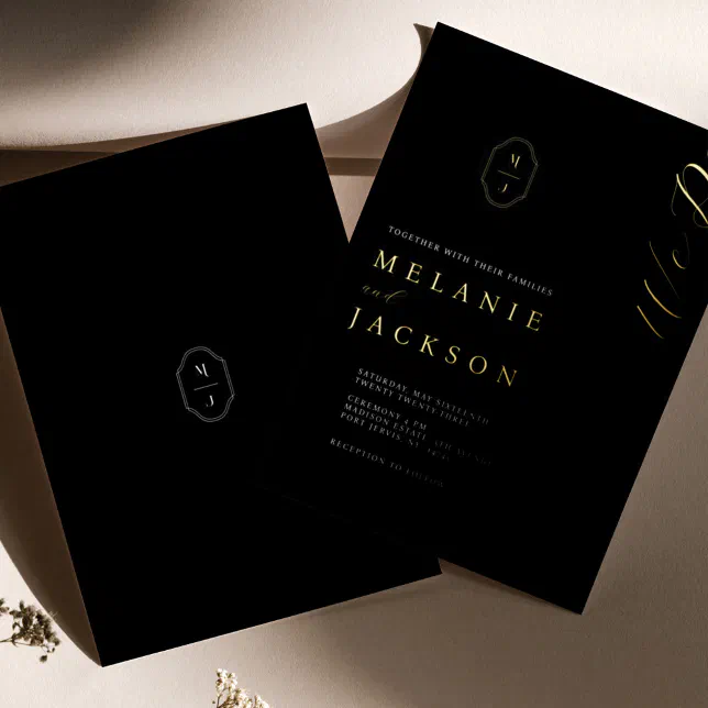 Minimal Black & Gold Personalized Monogram Crest Foil Invitation | Zazzle