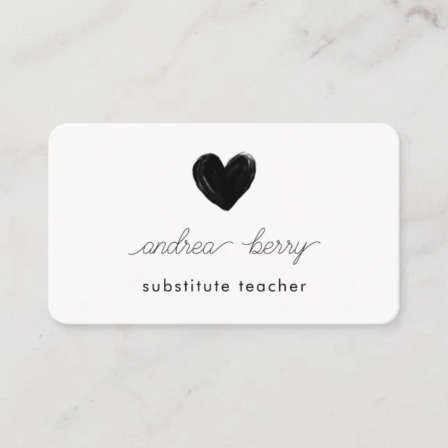 Minimal Black Heart Substitute Teacher Business Card | Zazzle