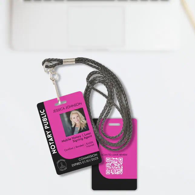 Minimal Black & Pink Notary Logo Photo QR Badge | Zazzle