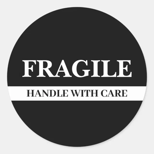 Minimal Black & White Fragile Label Round Sticker | Zazzle
