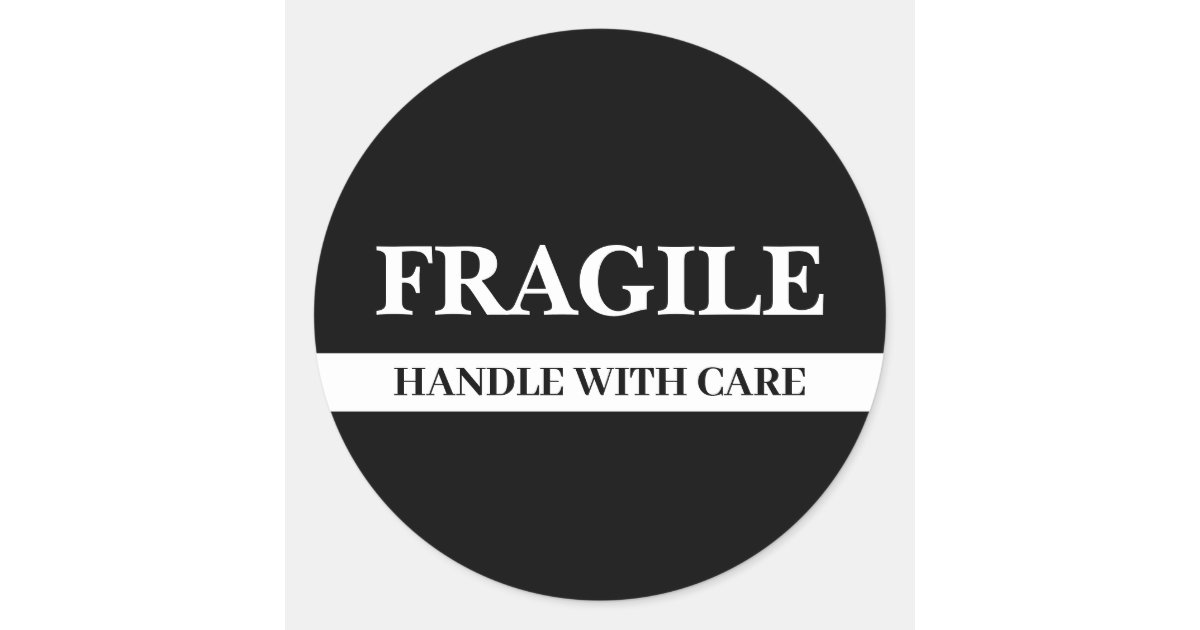 Minimal Black & White Fragile Label Round Sticker | Zazzle