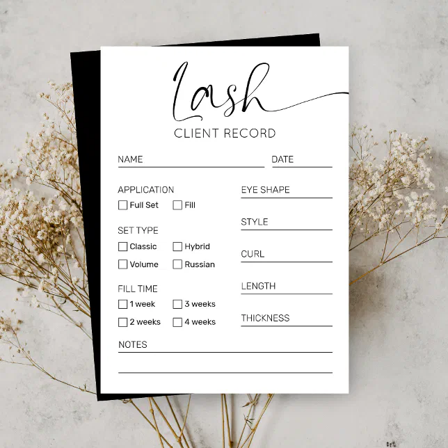 Minimal Black & White Lash Client Record Form Business Card | Zazzle