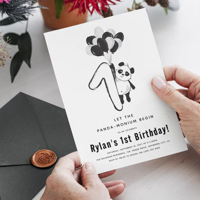 Minimal Black & White Panda 1st Birthday Party Invitation | Zazzle