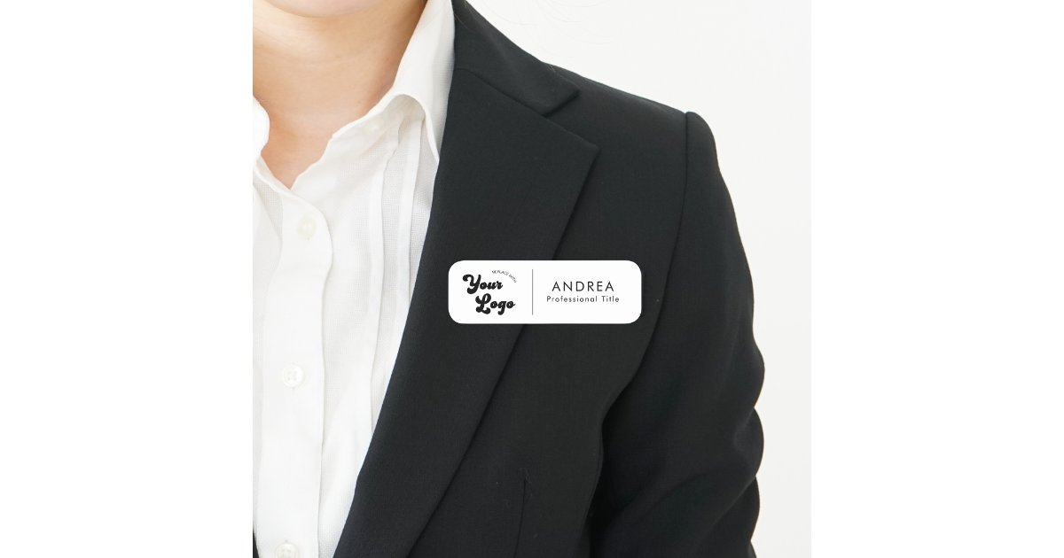 Minimal Black White Safety Pin Name Custom Logo Name Tag | Zazzle