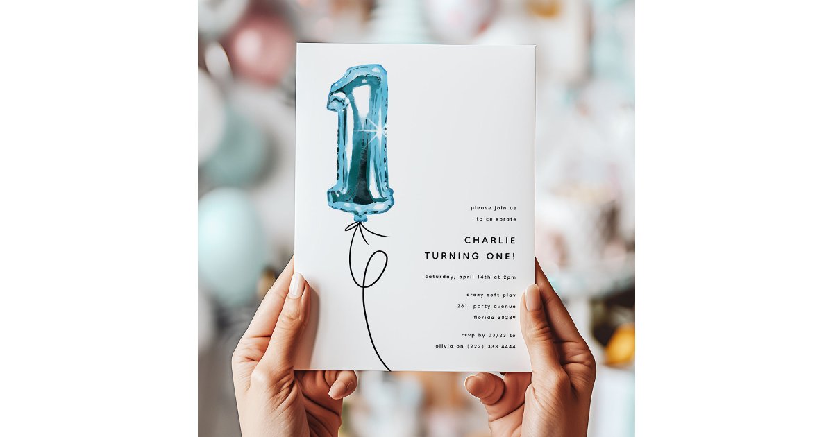 Minimal Blue One Balloon 1st Birthday Party Invitation | Zazzle