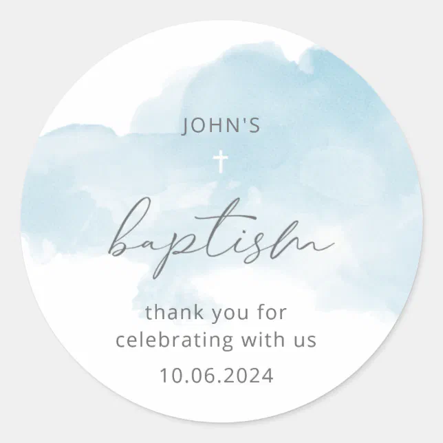 Minimal blue sky boy baptism classic round sticker | Zazzle