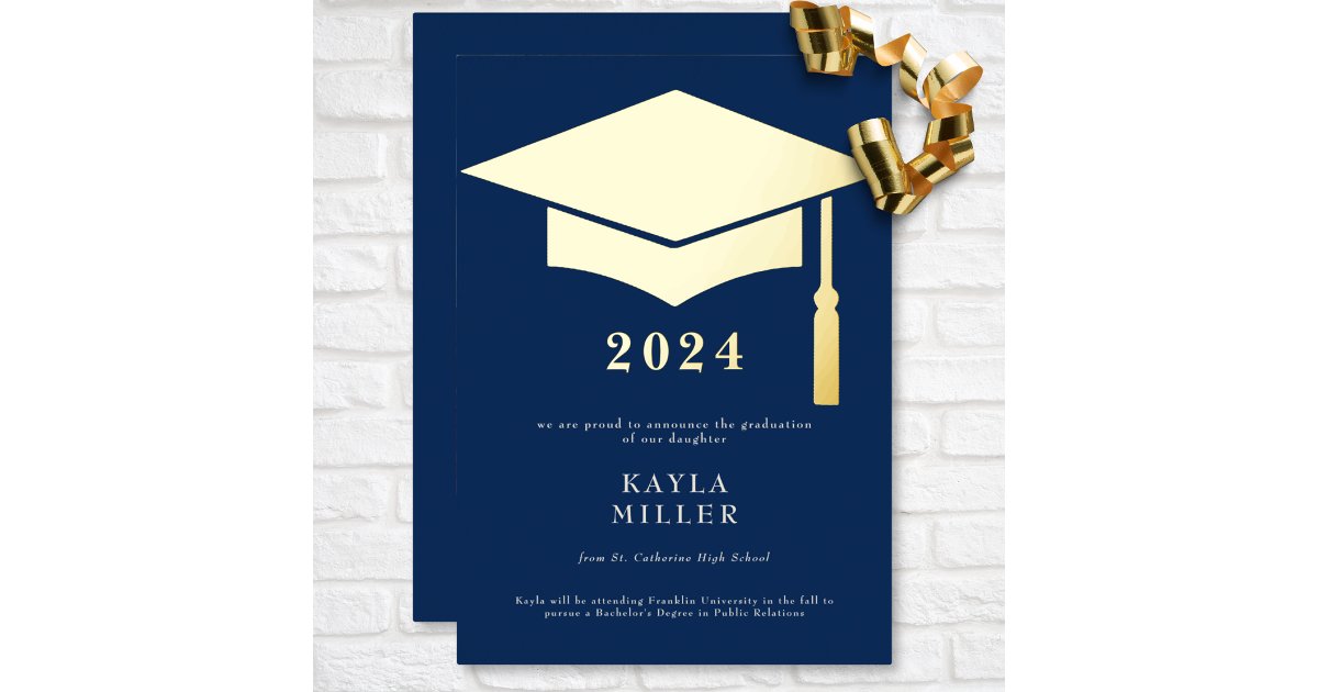 Minimal Blue & White Gold Cap Grad Announcement | Zazzle