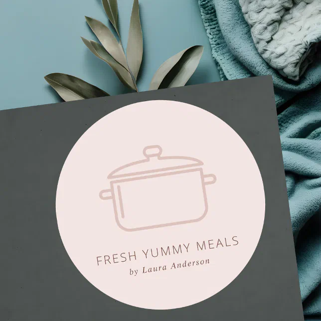 MINIMAL BLUSH PEACH PINK POT MEAL CHEF CATERING CLASSIC ROUND STICKER ...