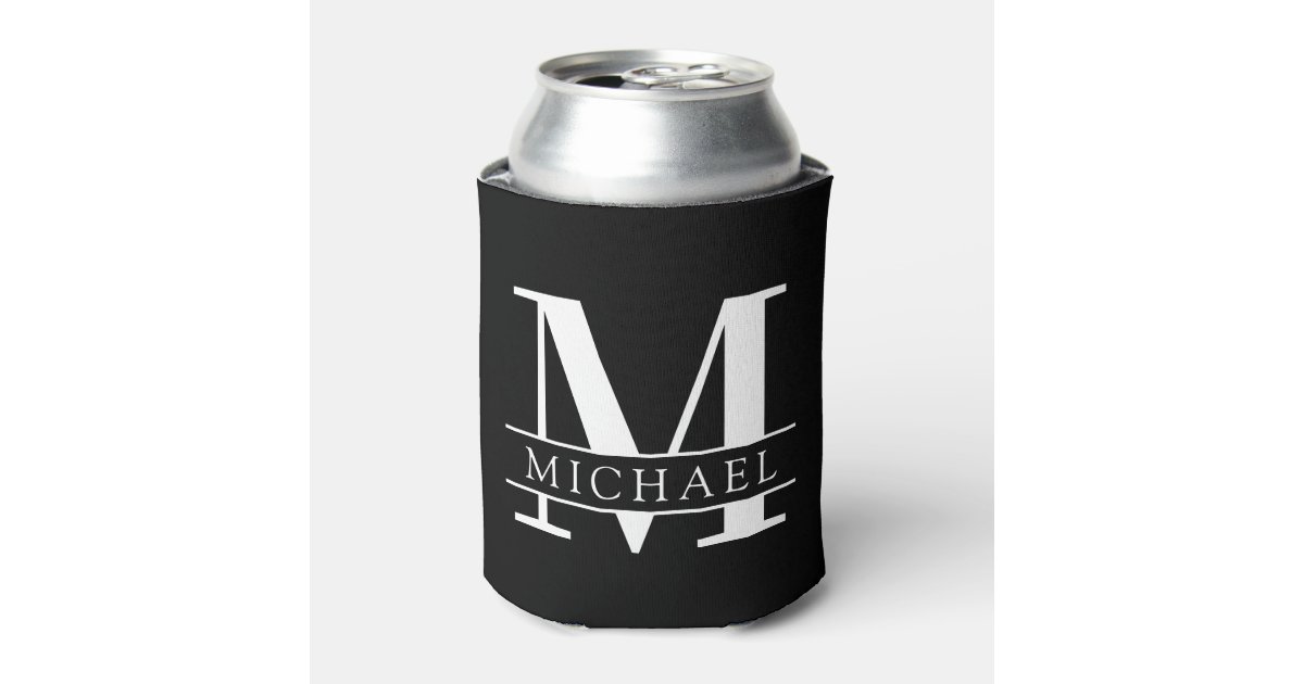Minimal Bold Monogram with Name | Black Can Cooler | Zazzle