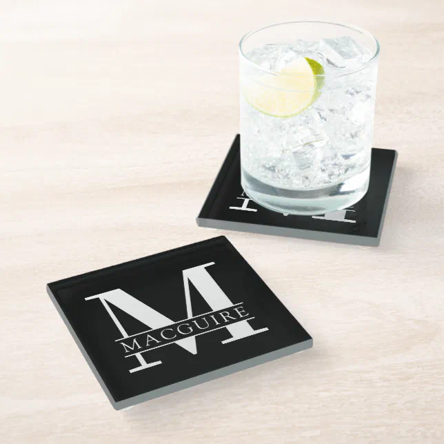 Minimal Bold Monogram with Name | Black Glass Coaster | Zazzle