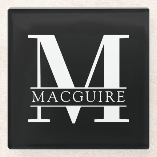 Minimal Bold Monogram with Name | Black Glass Coaster | Zazzle