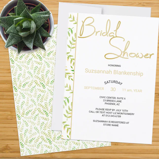 Minimal Bridal Shower Fern Leaf Border Invitation | Zazzle