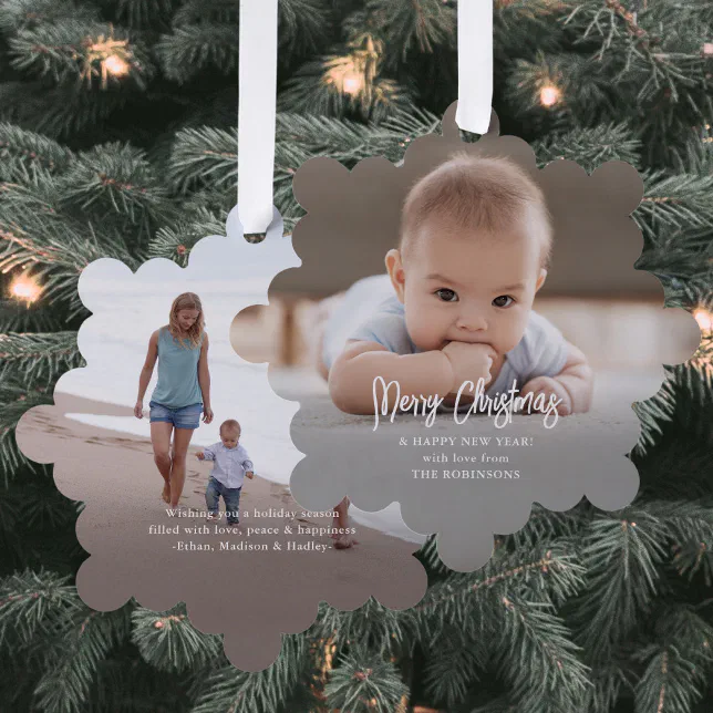 Minimal Brushed Script Merry Christmas 2 Photo Ornament Card | Zazzle