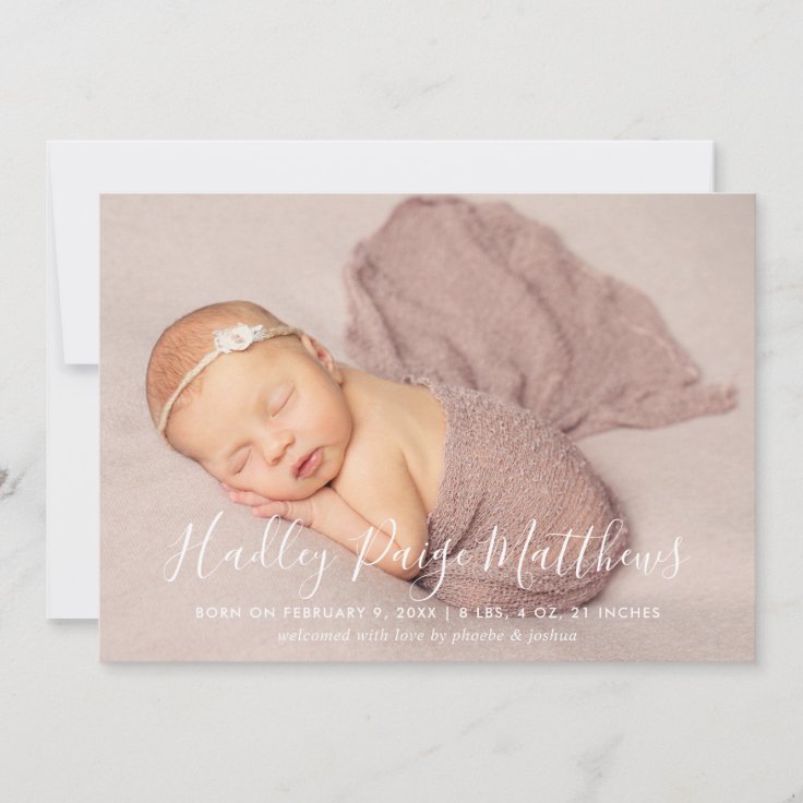 Minimal Calligraphy Script Baby Girl Photo Birth Announcement | Zazzle
