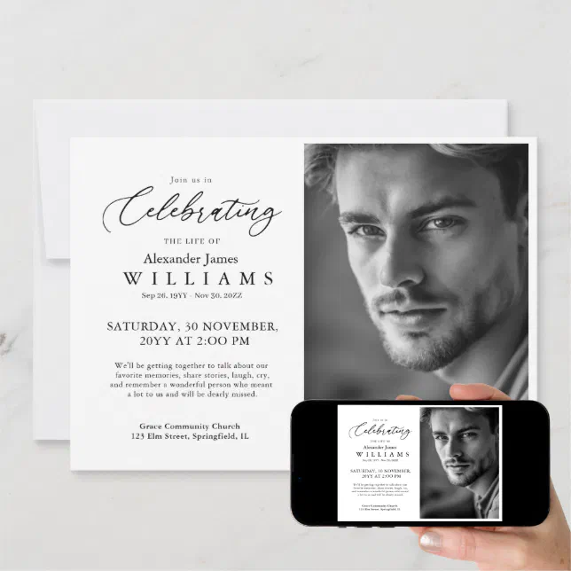 Minimal Celebration of Life Photo Memorial Funeral Invitation | Zazzle