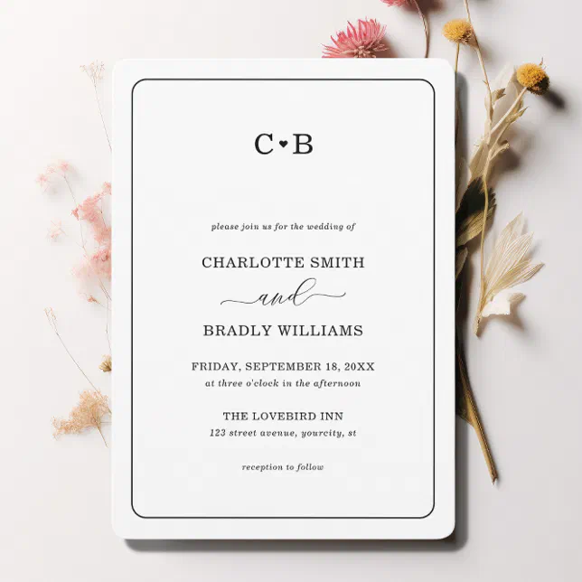 Minimal Chic Black and White Round Border Wedding Invitation | Zazzle