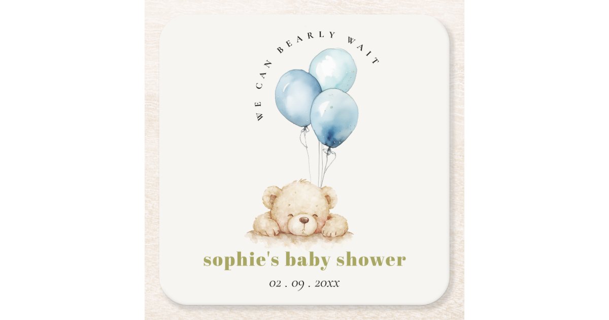 Minimal Chic Blue Bearly Wait Balloon Baby Shower Square Paper Coaster ...
