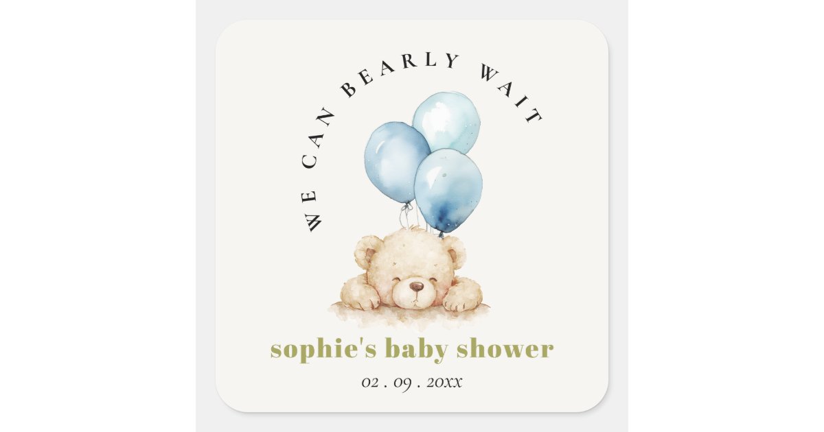 Minimal Chic Blue Bearly Wait Balloon Baby Shower Square Sticker | Zazzle