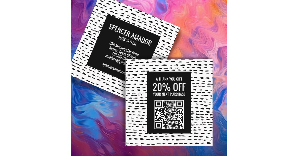 Minimal Chic Dashes Dots Black & White QR CODE Discount Card | Zazzle