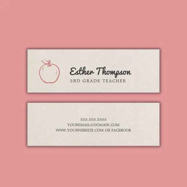 Minimal Cool Beige Red Apple Teacher Mini Business Card | Zazzle