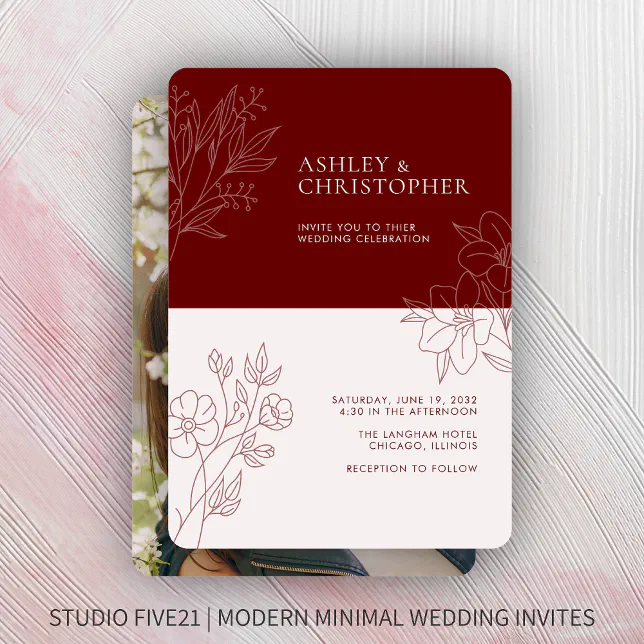 Minimal Crimson Red Foliage Outline Photo Wedding Invitation | Zazzle